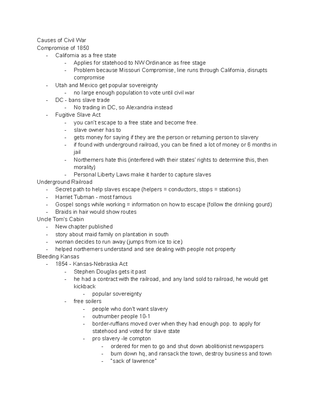 Apush Notes - Causes of Civil War - Causes of Civil War Compromise of ...