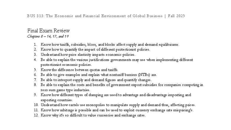 BUS 313: Final Exam Review on Global Economic Policies (Fall 2025 ...
