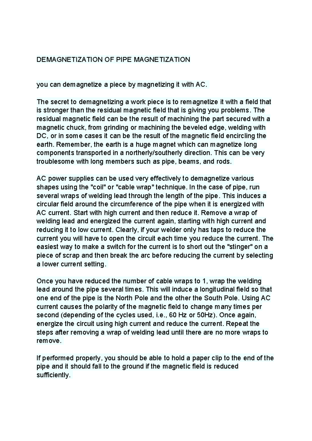 Demagnetization Techniques for Pipe Magnetization - Studocu