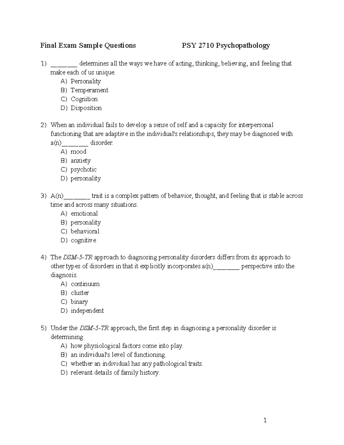 Final Exam Sample Questions for PSY 2710: Psychopathology Overview ...