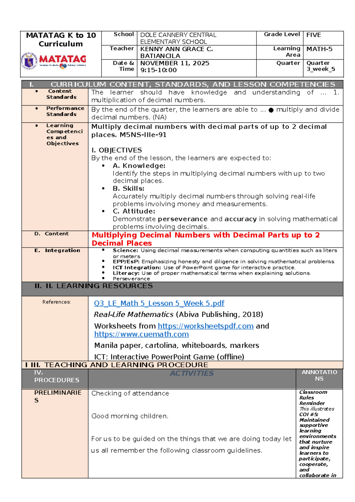Math 5 CO Q3 - Lesson Plan on Multiplying Decimal Numbers - Studocu