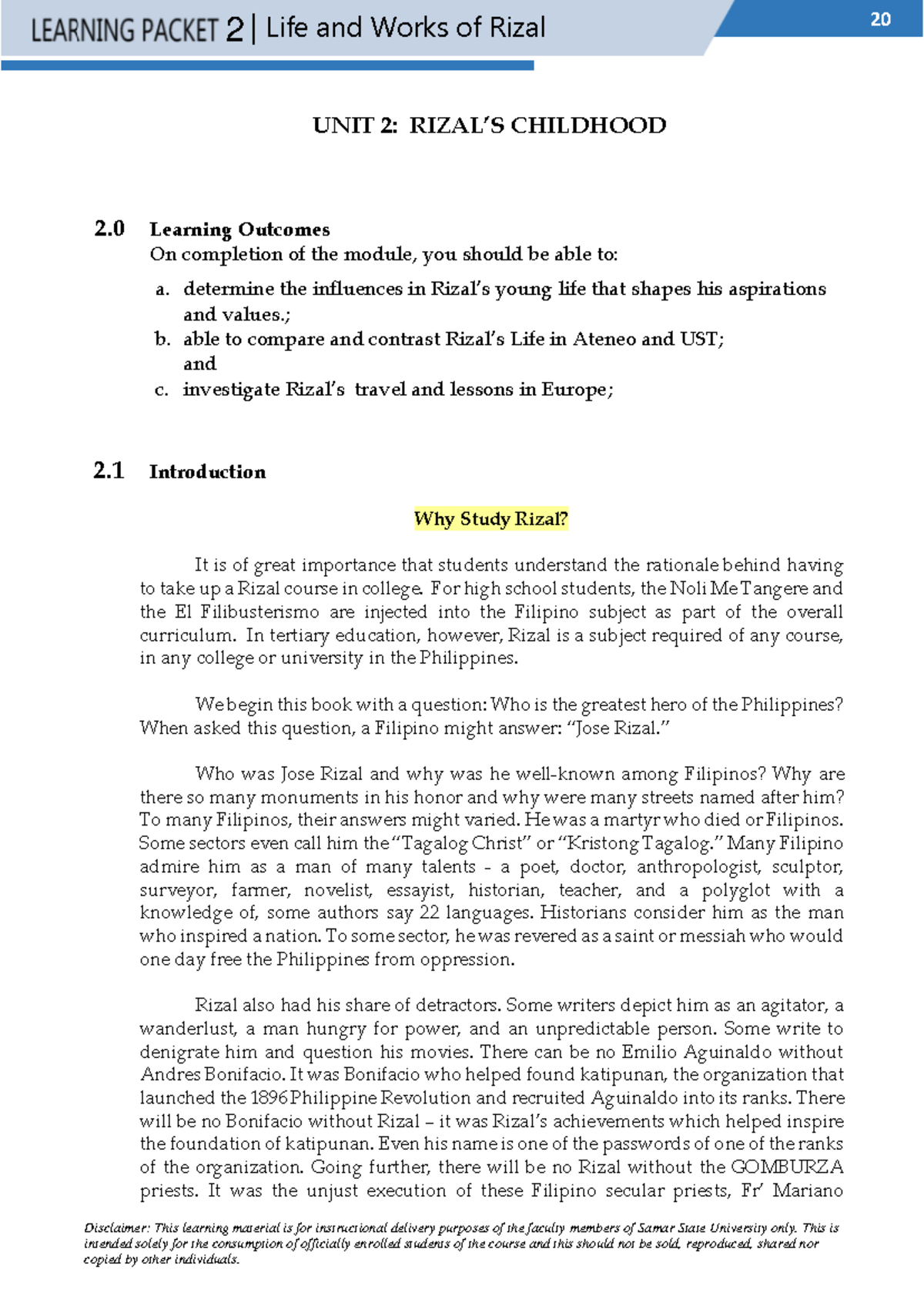 Rizal Module 2: Childhood and Influences on His Life and Works - Studocu