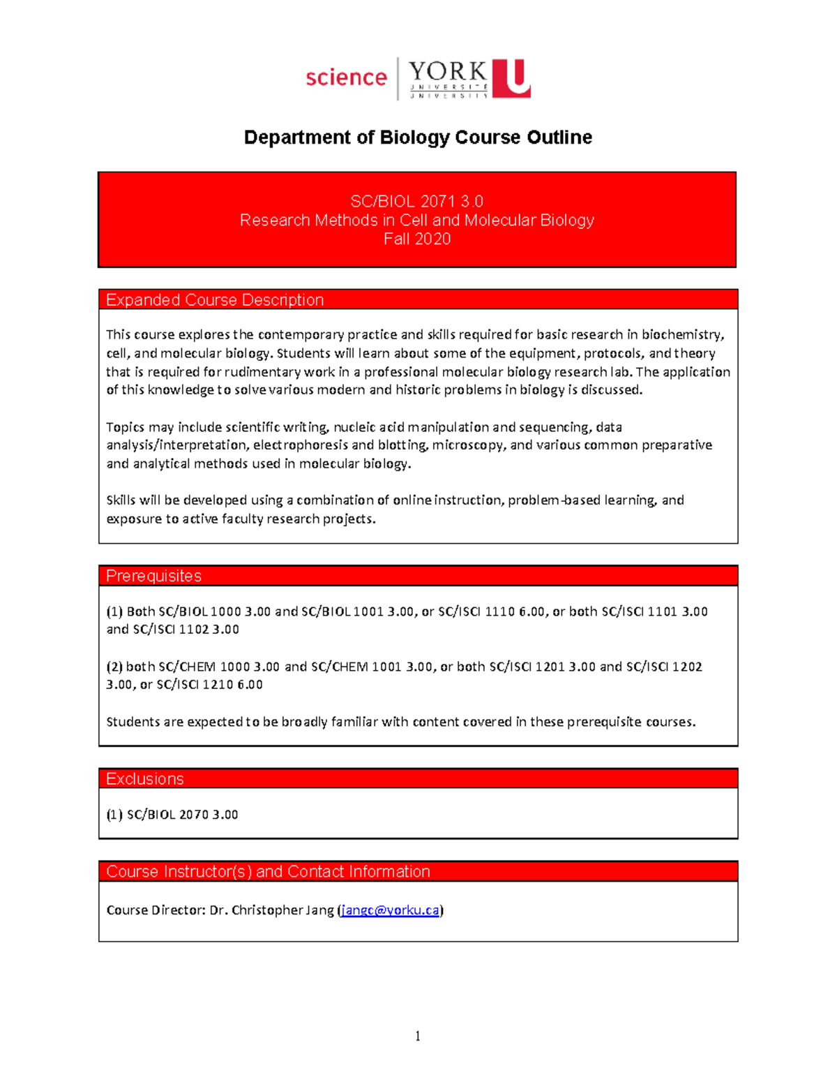 BIOL 2071 F2020 Course Outline: Research Methods in Cell & Molecular ...