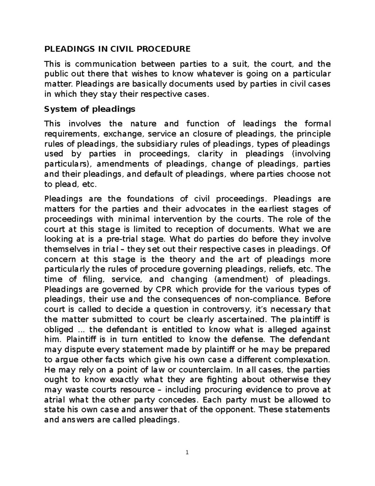 Pleadings In Civil Procedure Bachelor Of Laws Muk Studocu