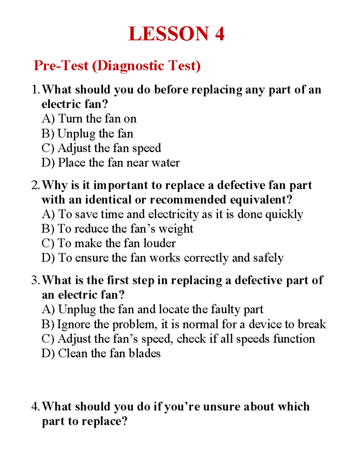 Lesson 4 (Diagnostic Test & Post Assessment) - TLE - EPAS G9 - Studocu