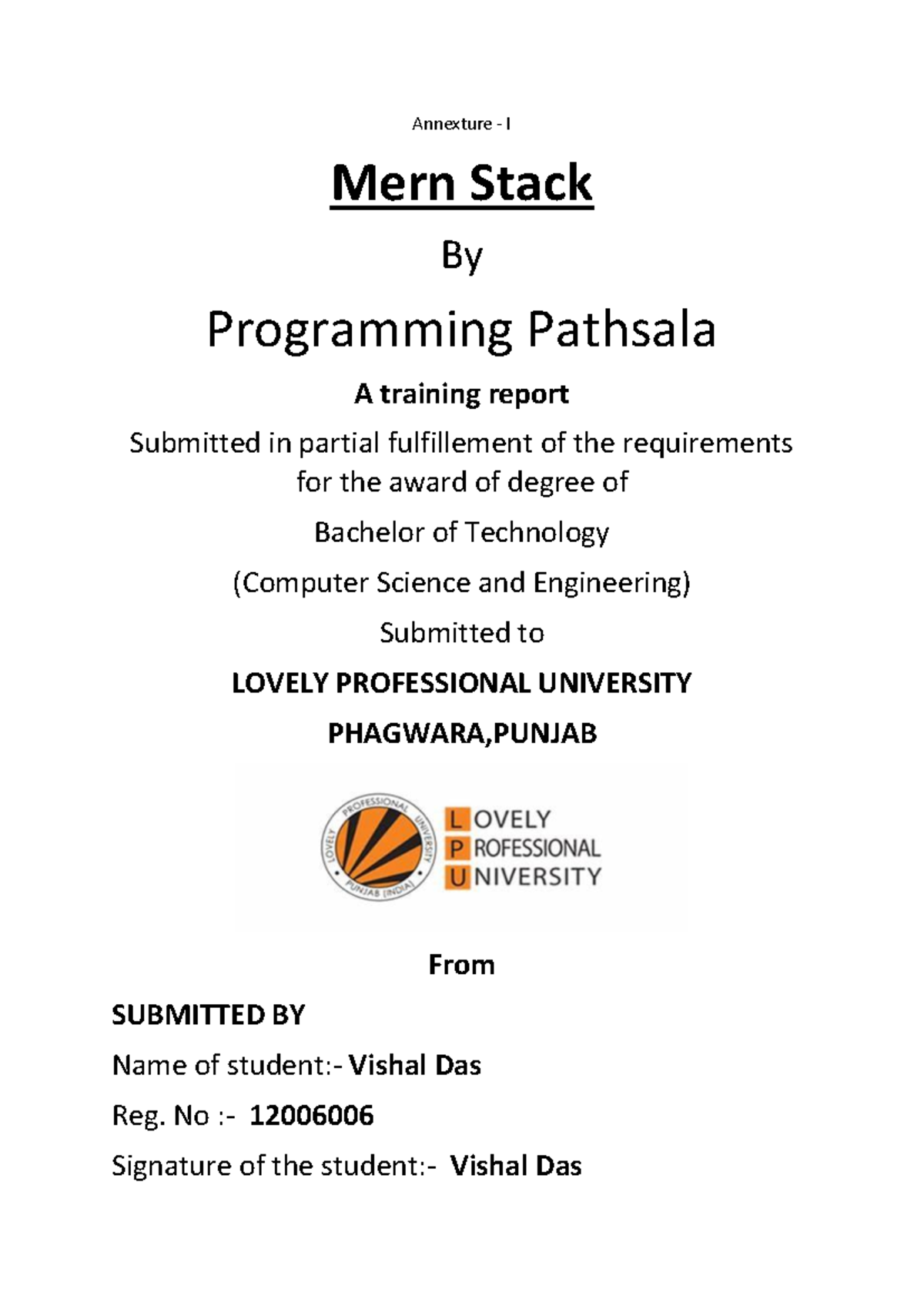 Report for summer - jai hind - Annexture - I Mern Stack By Programming ...