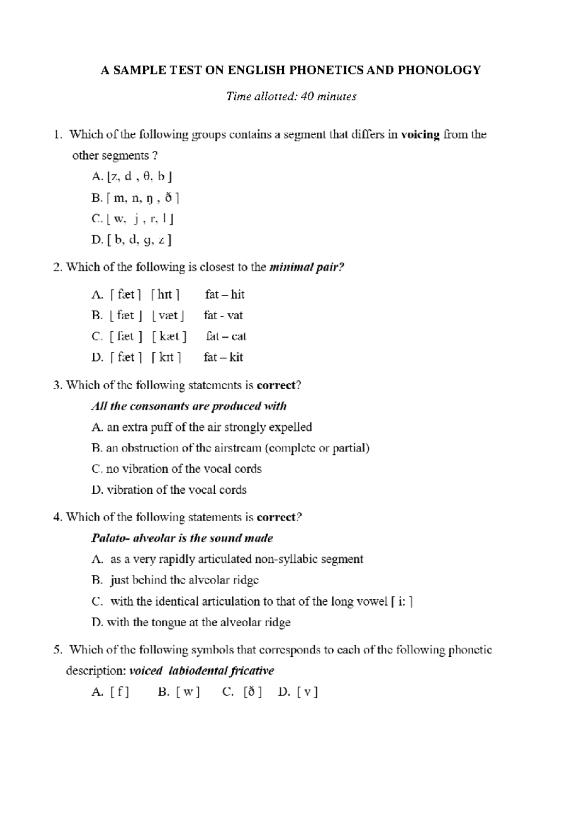 Sample Test - abc - English Communication 1 - A SAMPLE TEST ON ENGLISH ...