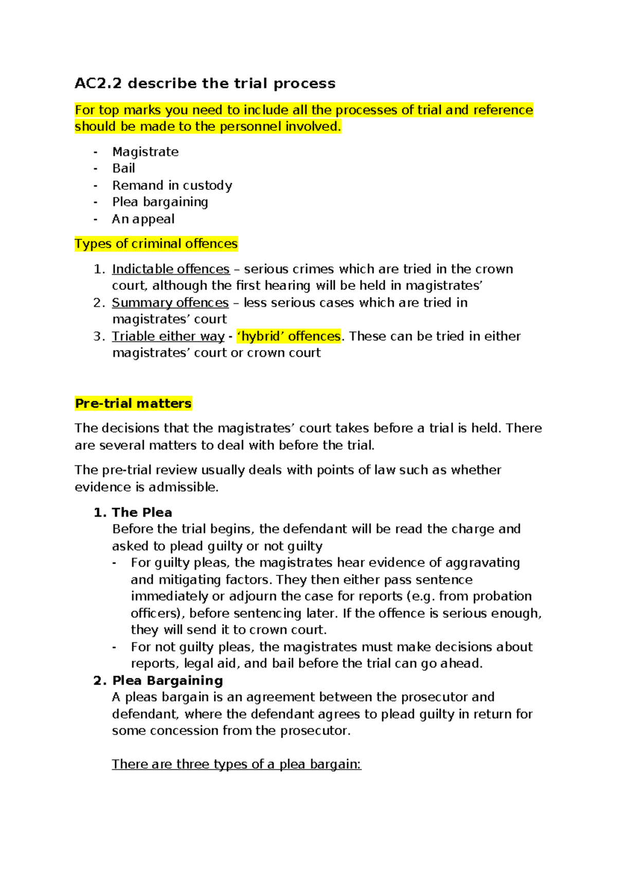 AC2.2 Unit 3: Detailed Notes on the Trial Process in Criminal Law - Studocu