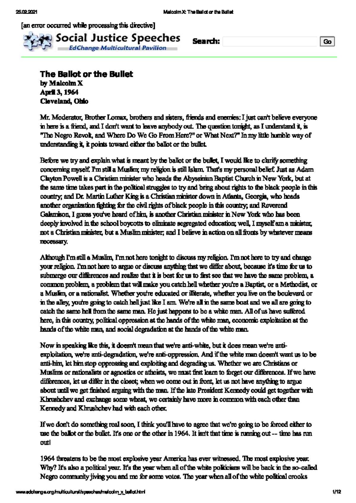 Malcolm X: The Ballot or the Bullet (Analysis) - 25.02.2021 - Studocu