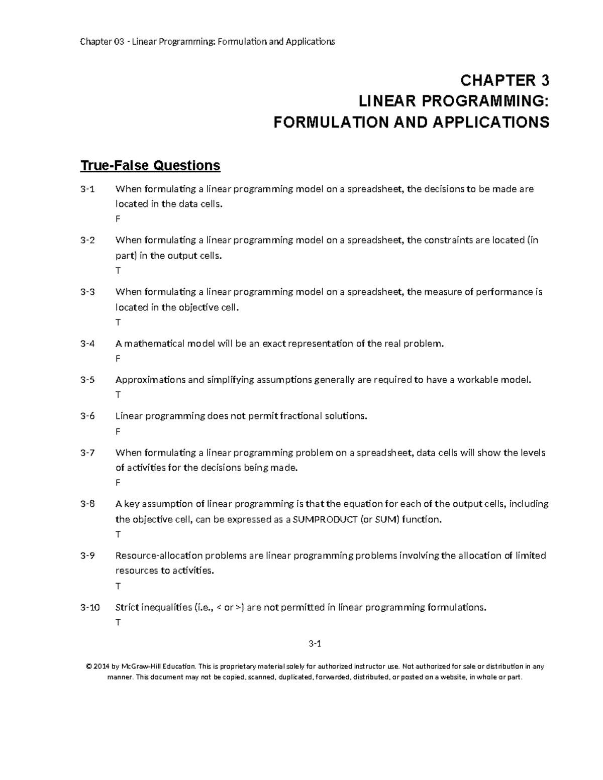 TBChap 003 - bsksks - CHAPTER 3 LINEAR PROGRAMMING: FORMULATION AND APPLICATIONS True-False ...