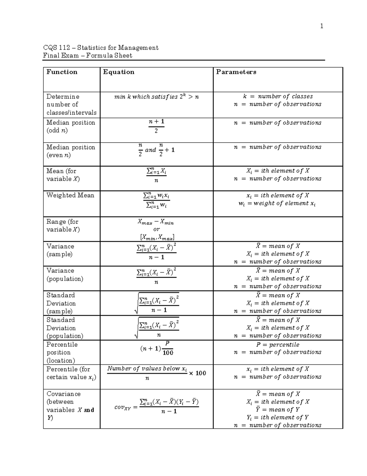 CQS 112 Final Exam Reference Sheet: Key Statistical Formulas - Studocu