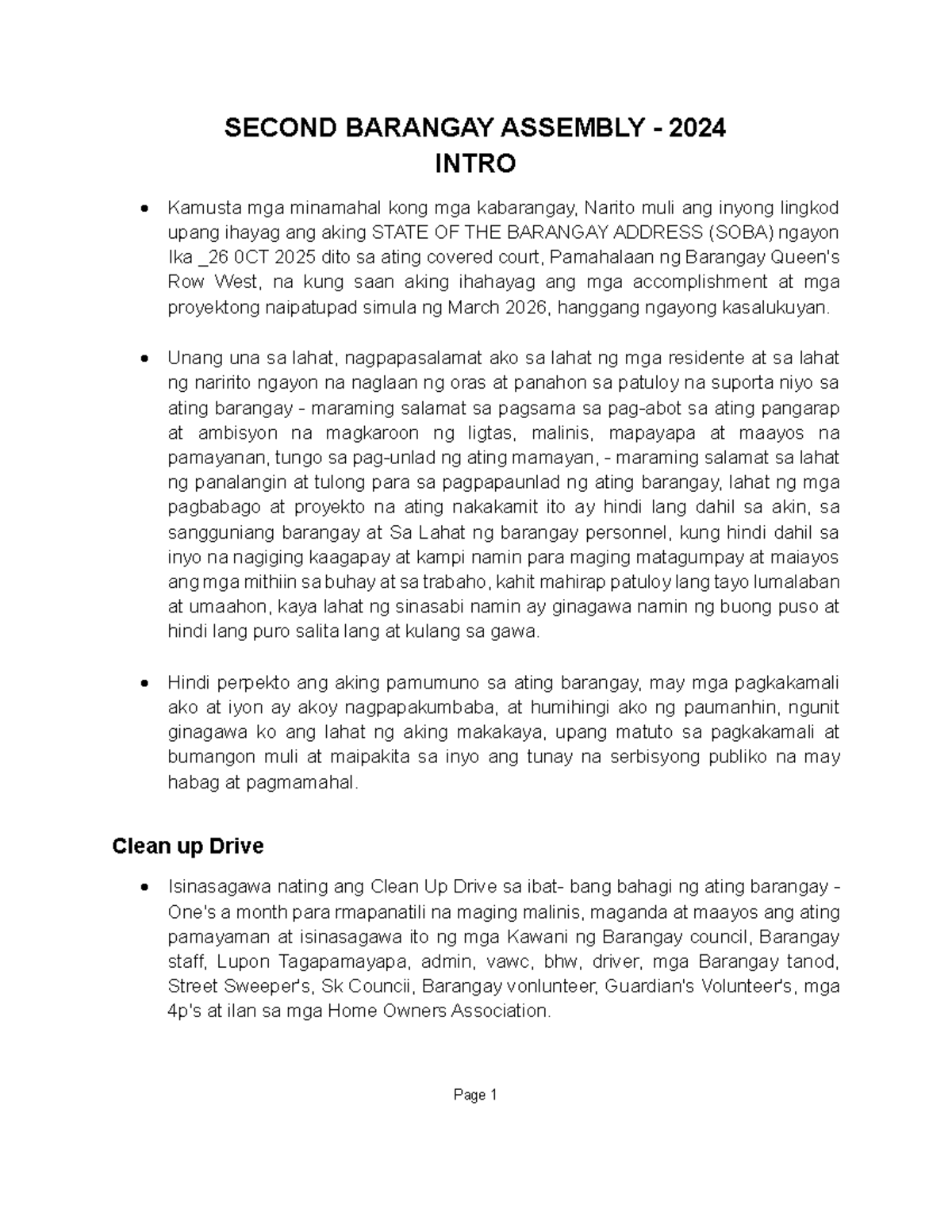 SOBA 2024: State of the Barangay Address by Jaime P. Abug - Studocu