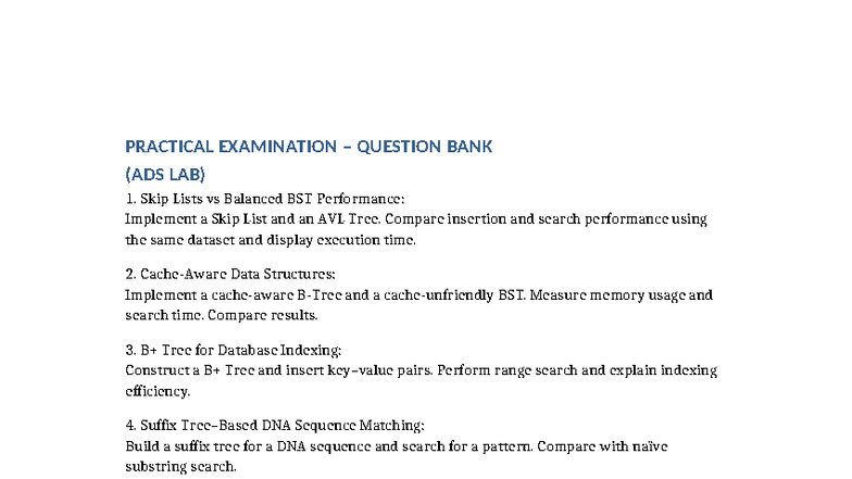 ADS Lab Practical Exam Question Bank: Data Structures & Algorithms - Studocu