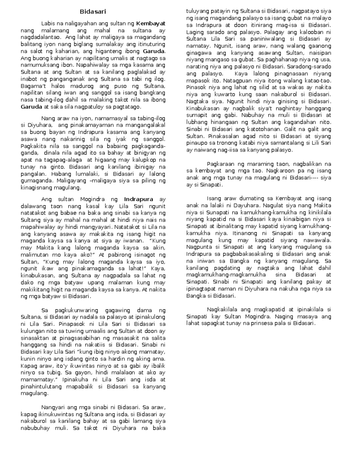 Epikong Bidasari: Mga Tala at Pagsusuri sa Kuwento - Studocu