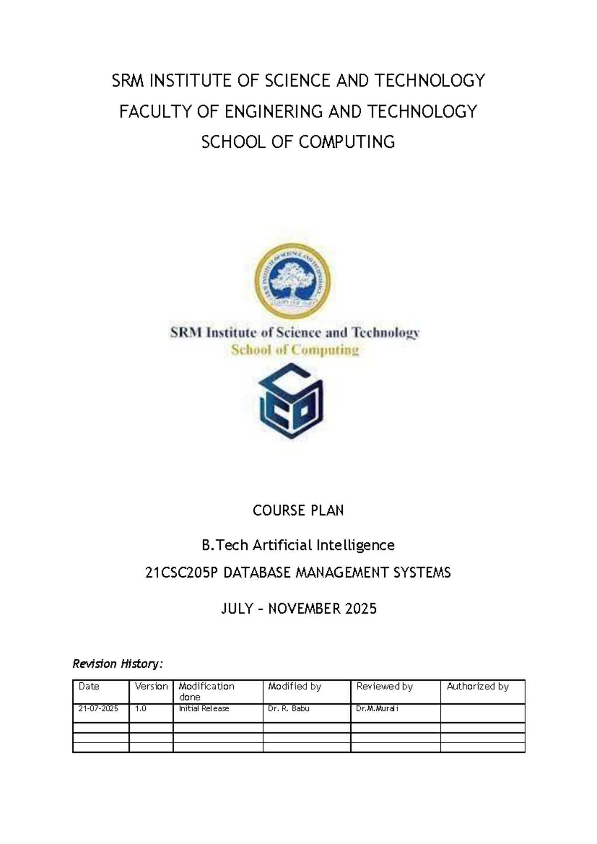 21CSC205P Database Management Systems Course Plan and Schedule - Studocu