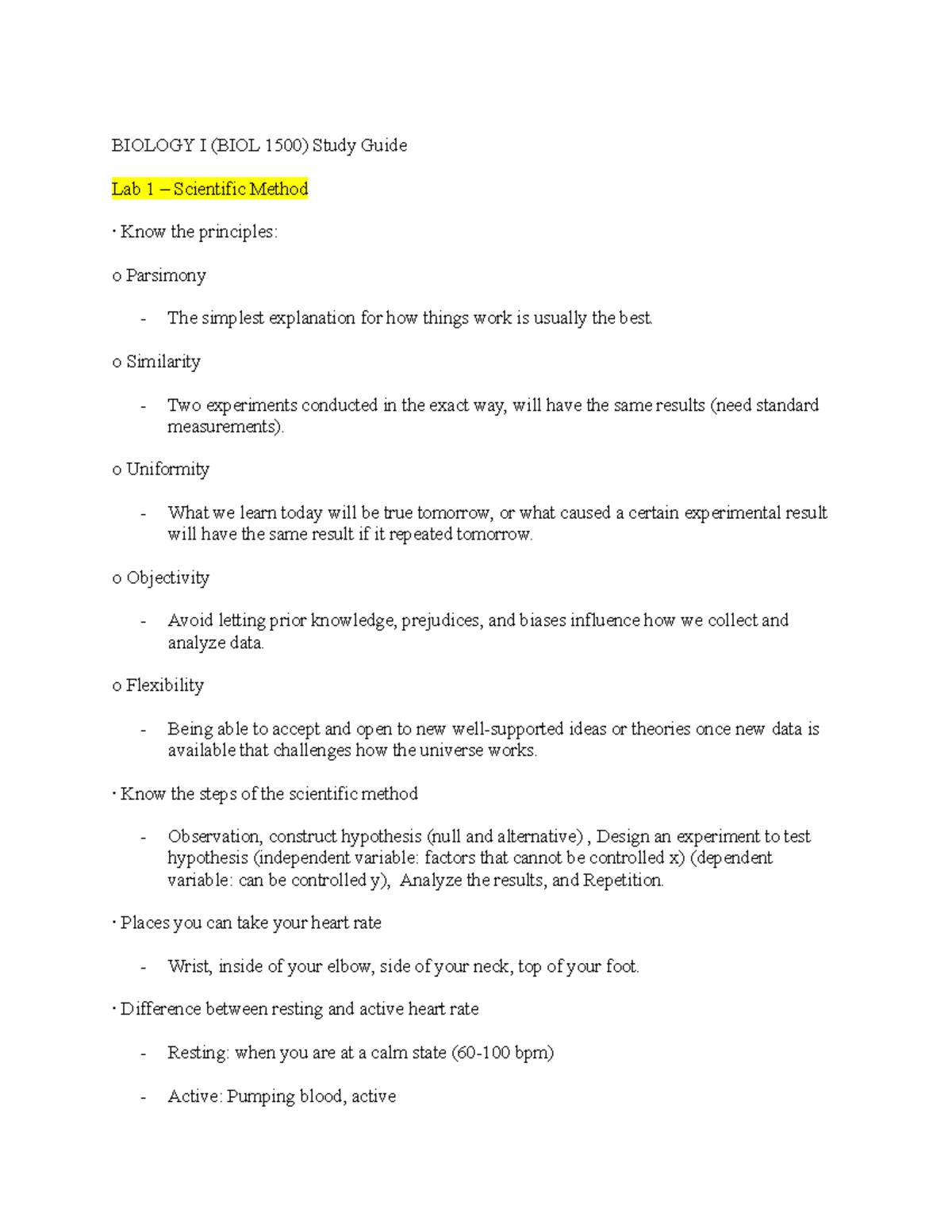 Biology 1500 Final Review Study Guide F2020-1: Key Concepts and Labs ...