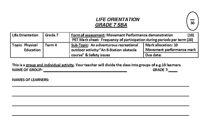 LIFE ORIENTATION GRADE 7: PET T4 Outdoor Obstacle Course Assessment ...