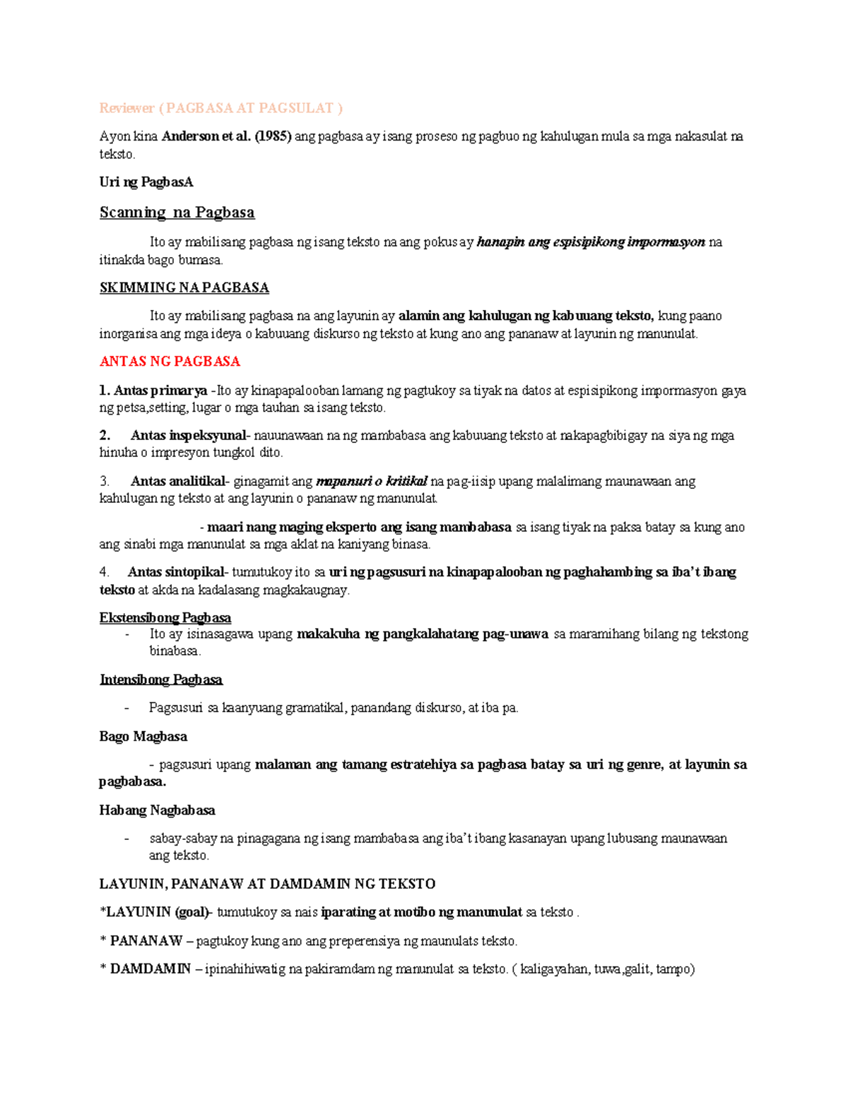 Reviewer: PAGBASA AT PAGSULAT Concepts and Strategies - Studocu