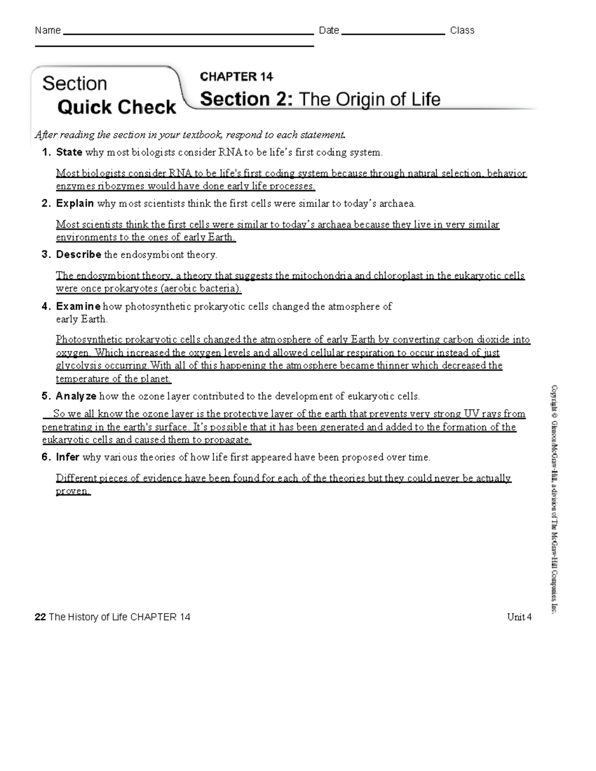 Work - the origin of life - Name Date Class After reading the section ...