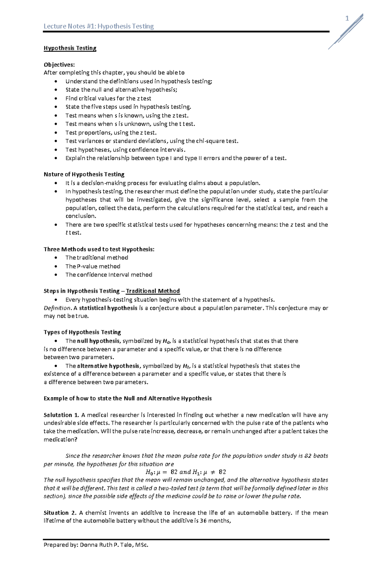 Hypothesis Testing (Traditional Method) - Lecture Notes #1 - Studocu