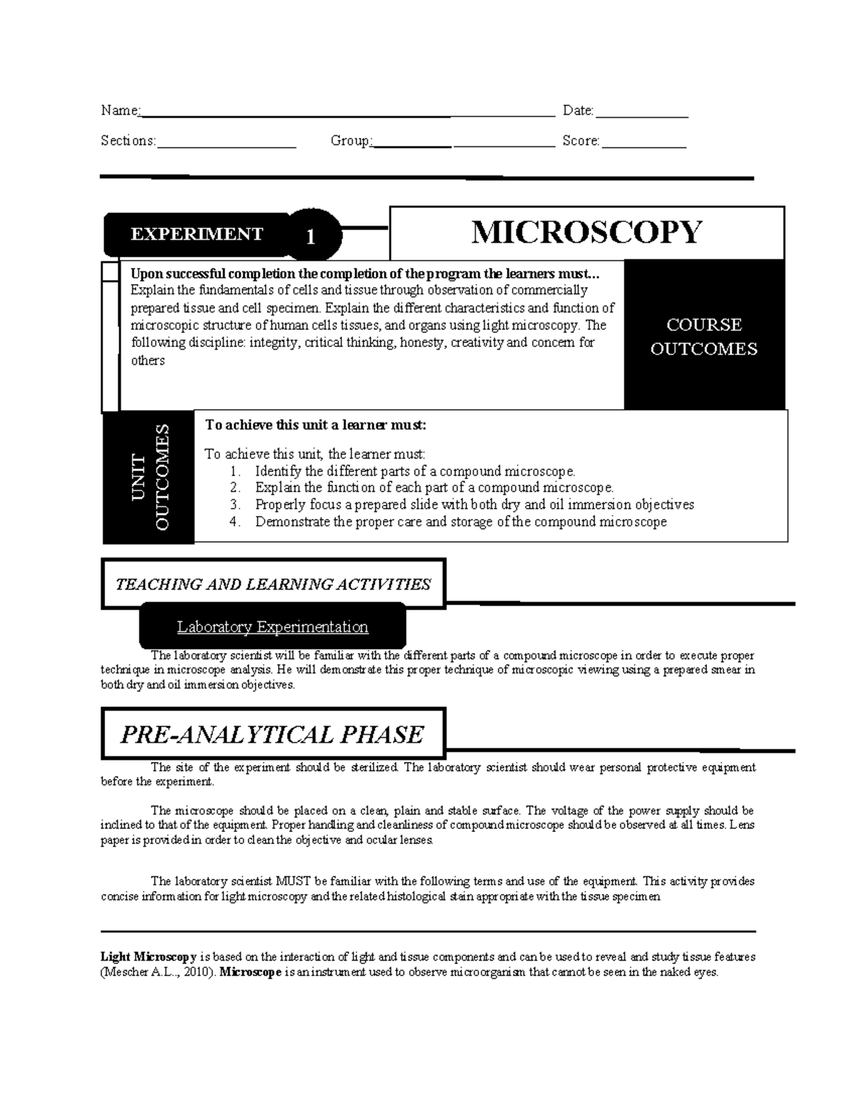 Microscopy Techniques: Lab Experiment 1 for Course BIO 101 - Studocu