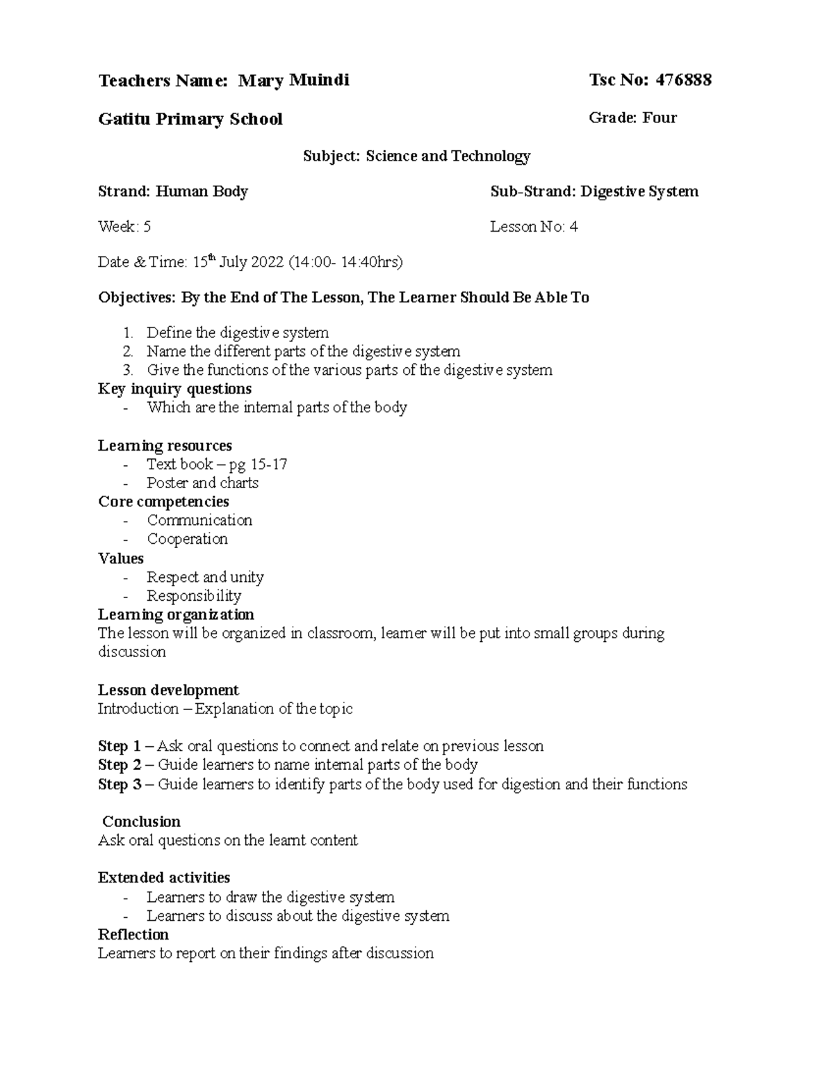 Grade 4 Science Lesson Plan: Understanding the Digestive System - Studocu