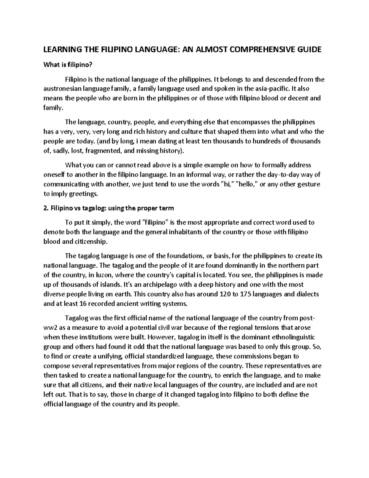 Learning THE Filipino Language - LEARNING THE FILIPINO LANGUAGE: AN ...