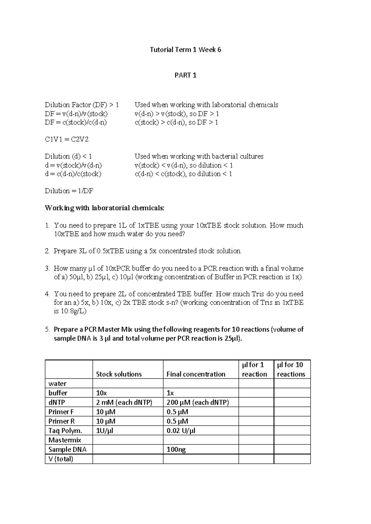 BTN215 Tutorial Term 1 Week 6: Dilution Factors & Graph Interpretation ...