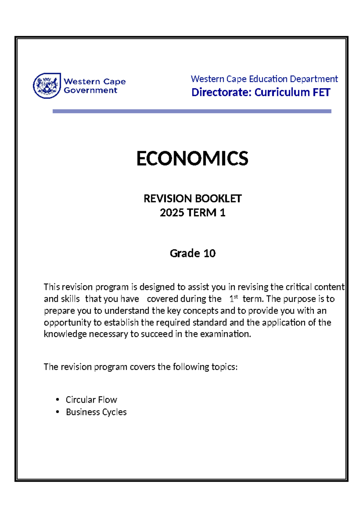 Economics Grade 10 Revision Booklet for Term 1 2025 - Studocu