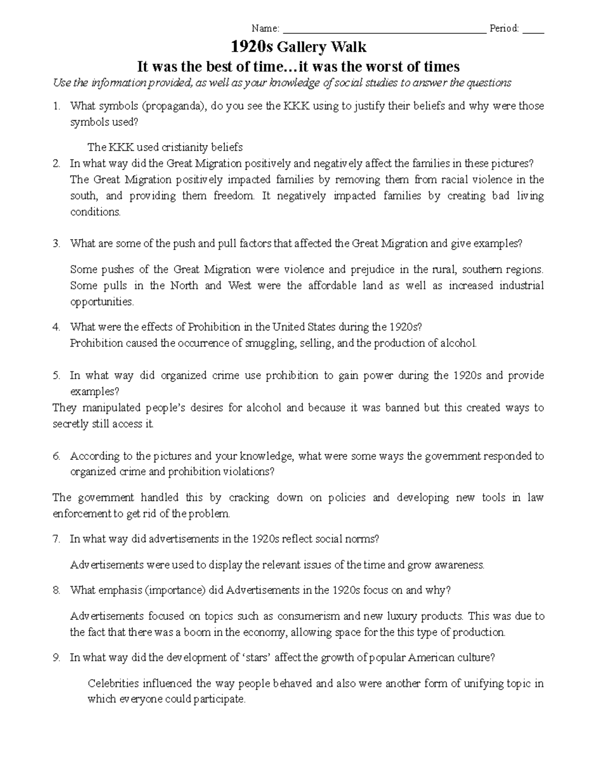 1920s Gallery Walk Questions: Understanding Social Change & Culture ...