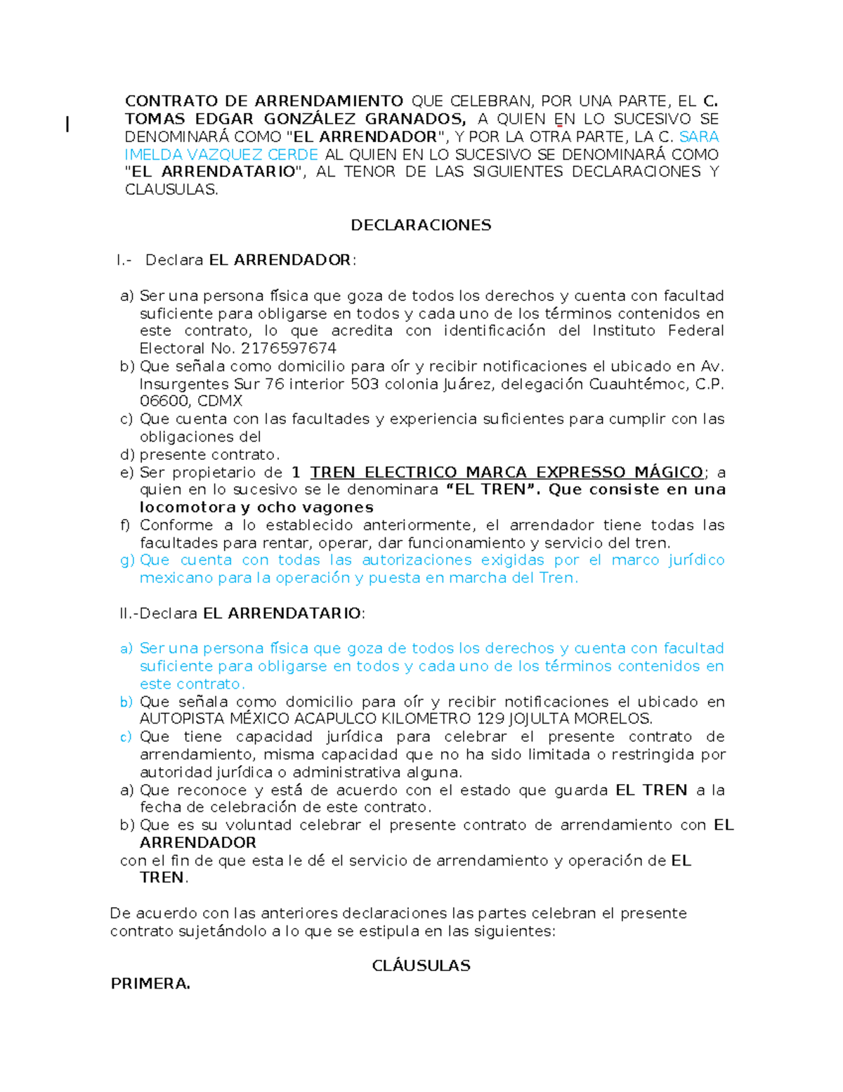Contrato DE Renta TREN - CONTRATO DE ARRENDAMIENTO QUE CELEBRAN, POR ...