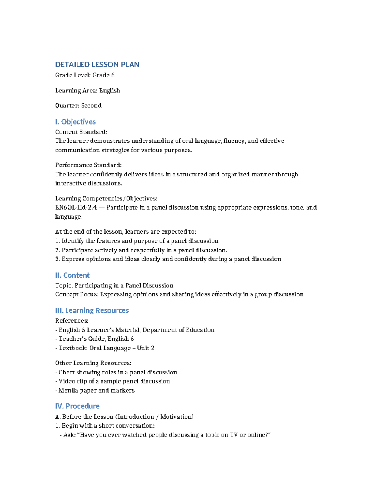 Detailed Lesson Plan: Panel Discussion for Grade 6 English - Studocu