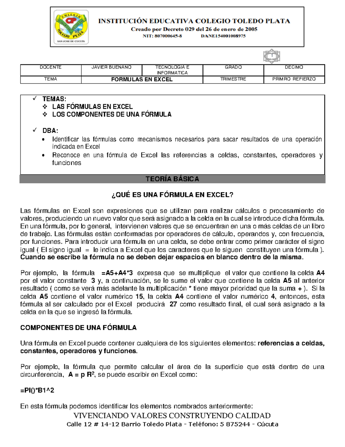 Formulas en Excel - Taller Refuerzo Grado Décimo (Trimestre Primero ...