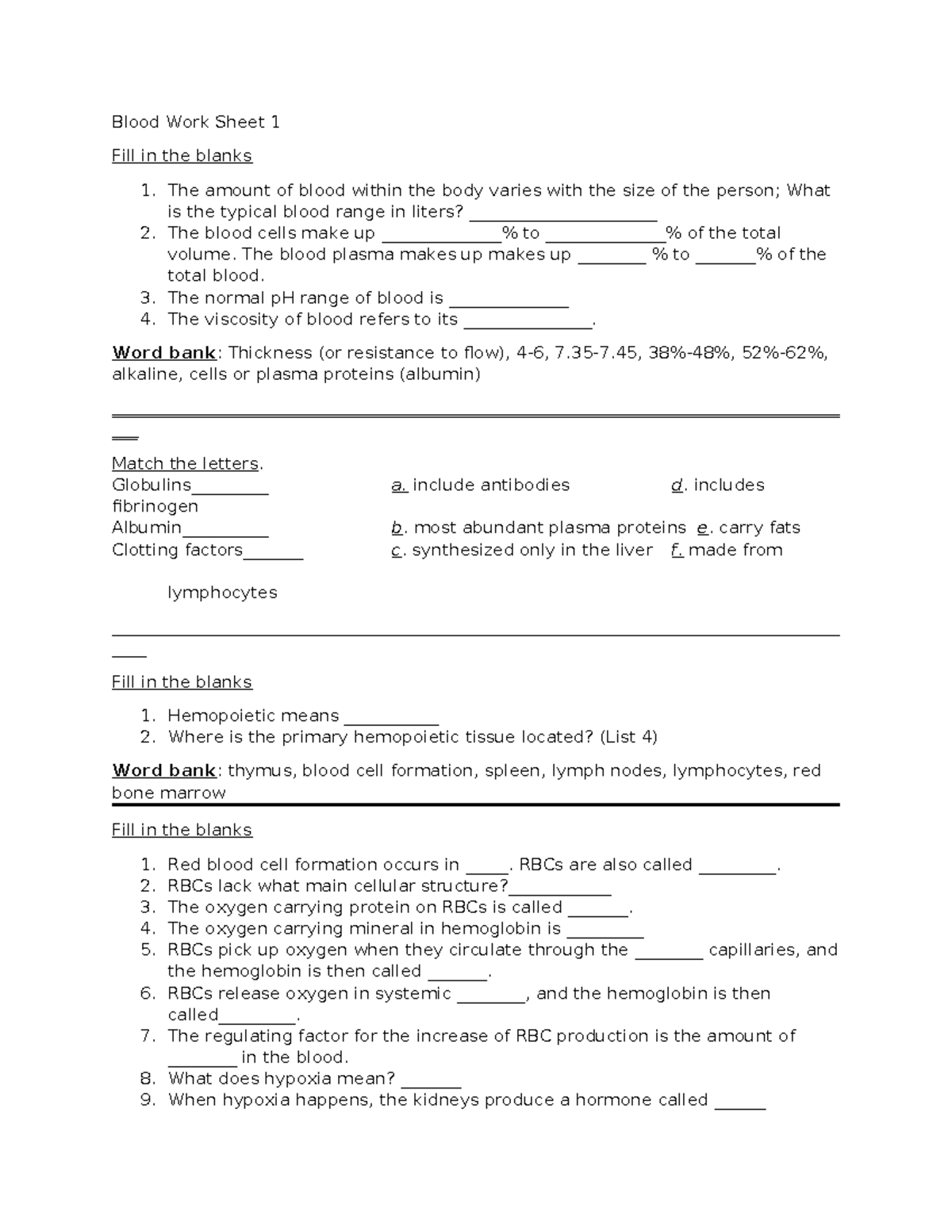 Blood Work Sheet 1 - assignment for anatomy - Blood Work Sheet 1 Fill ...