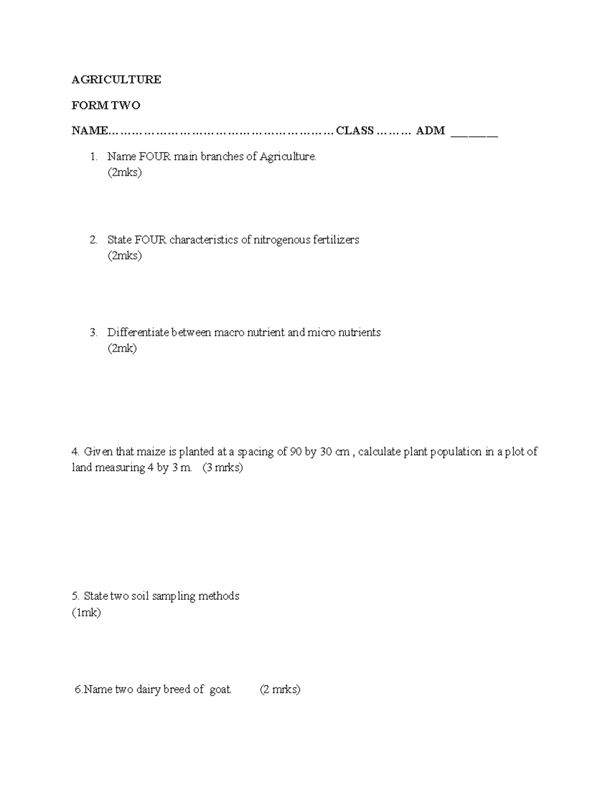AGRICULTURE FORM TWO CAT 1 EXAM QUESTIONS & ANSWERS - Studocu