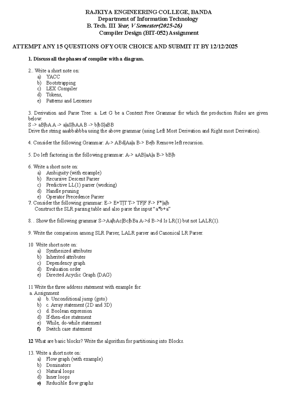 Compiler Design Assignment - B.Tech V Year (RAJKIYA ENG COLLEGE) - Studocu