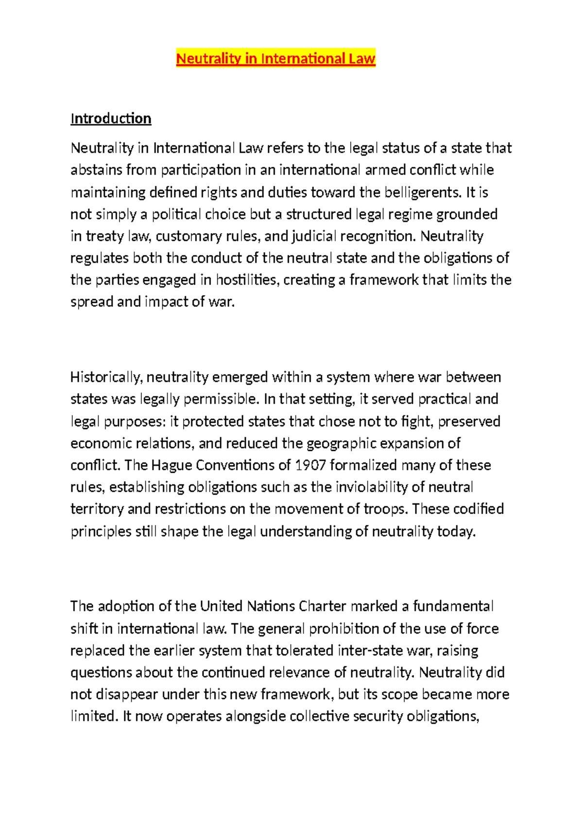 Neutrality in International Law: A Comprehensive Overview - Studocu