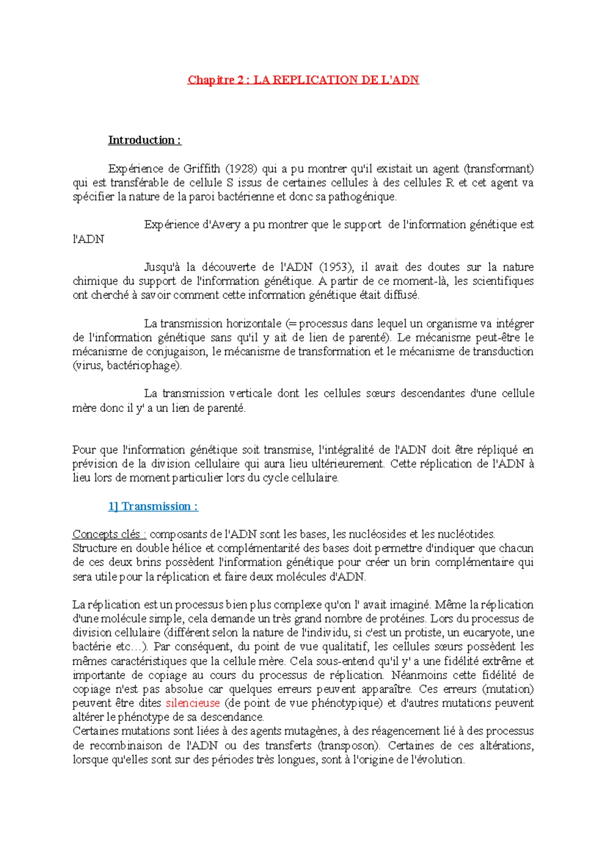 Chapitre 2 - La Réplication de l'ADN: Mécanismes et Enzymes - Studocu