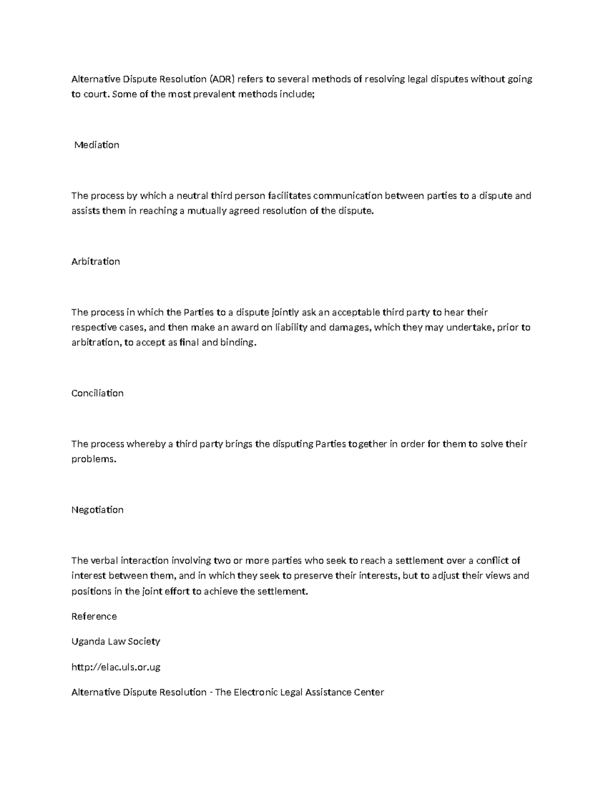 ADR Methods: Mediation, Arbitration, Conciliation & Negotiation - Studocu