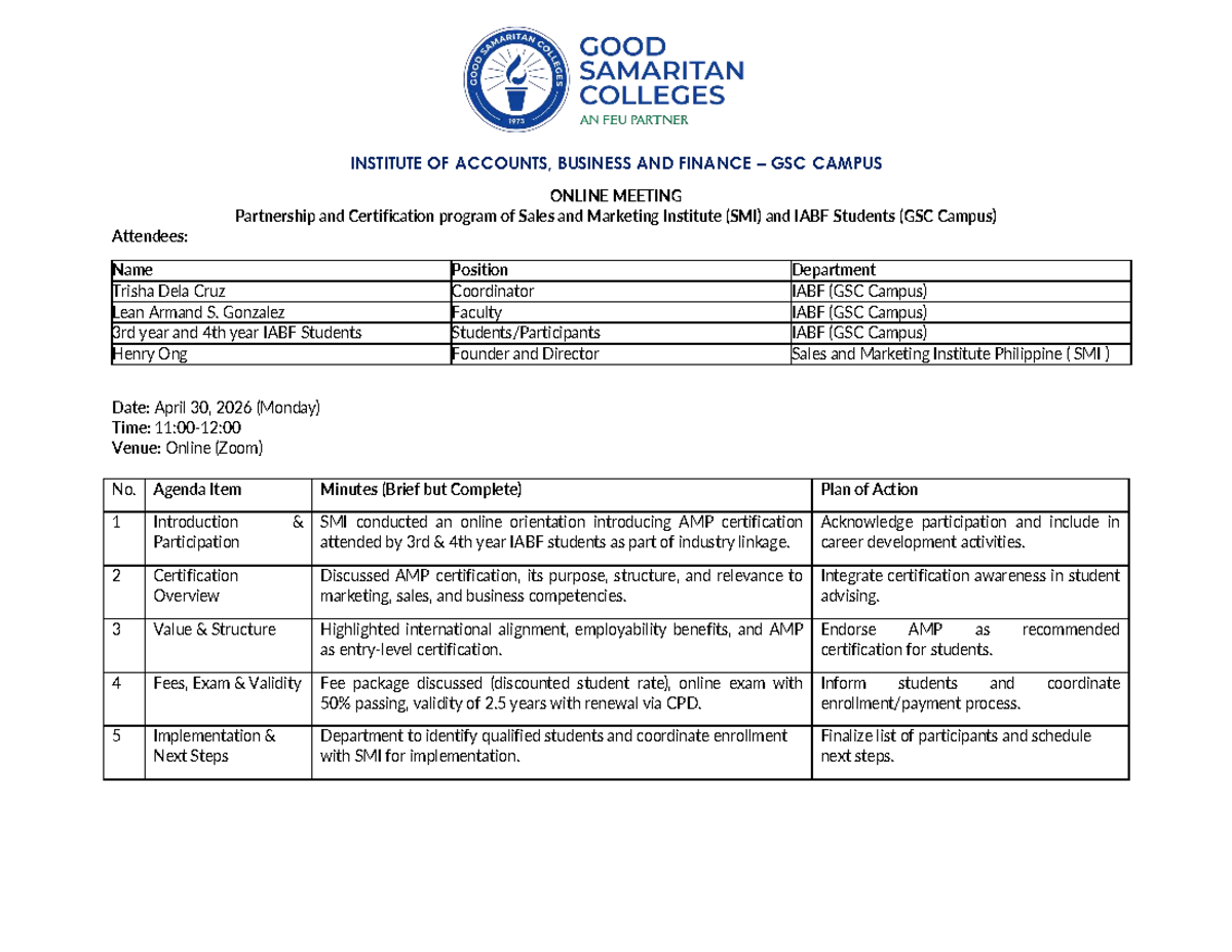 Revised Minutes of Meeting: CPACE & SMI Partnership (IABF GSC Campus ...