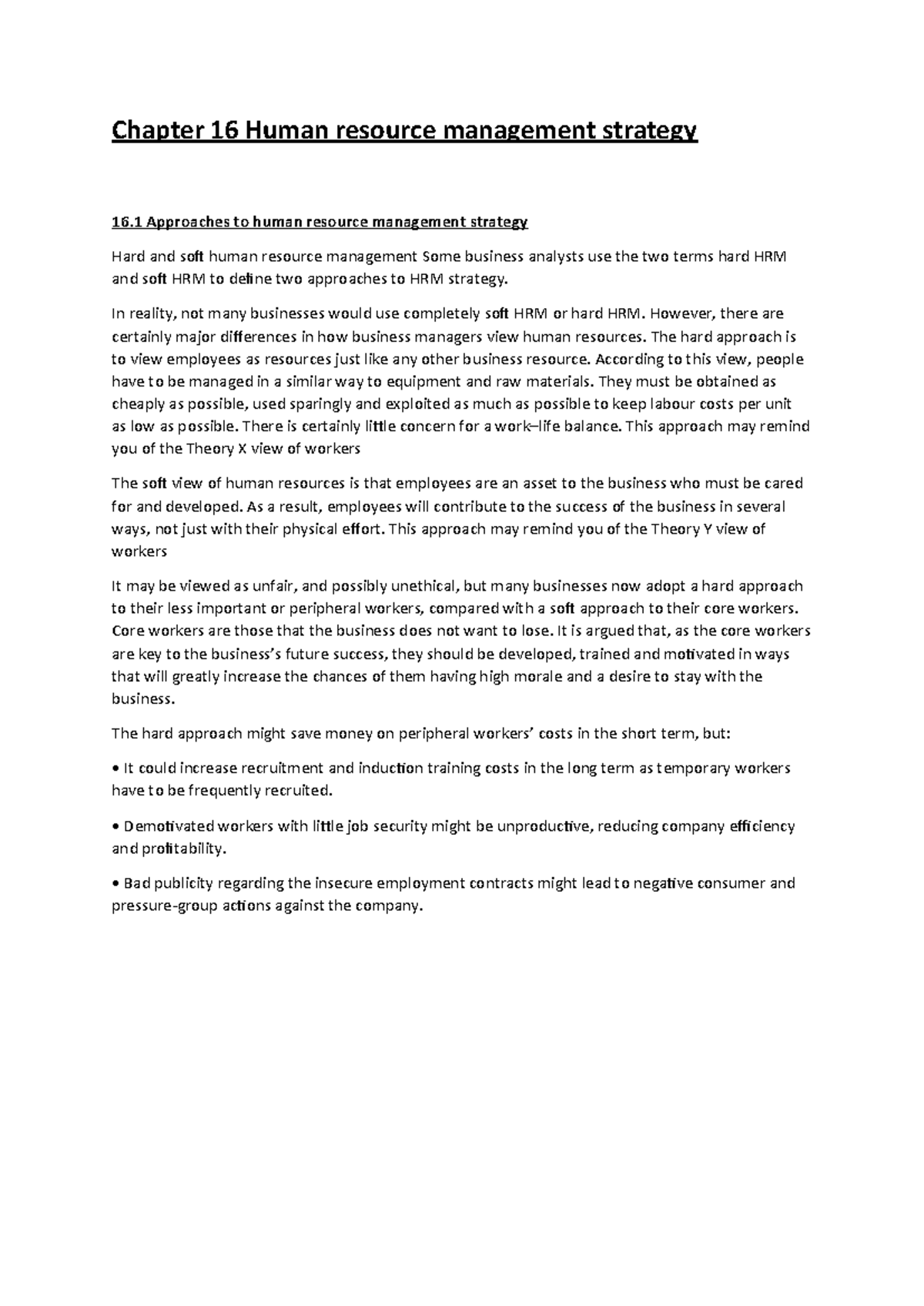 Chapter 16: HRM Strategy - Hard vs. Soft Approaches (640938568) - Studocu
