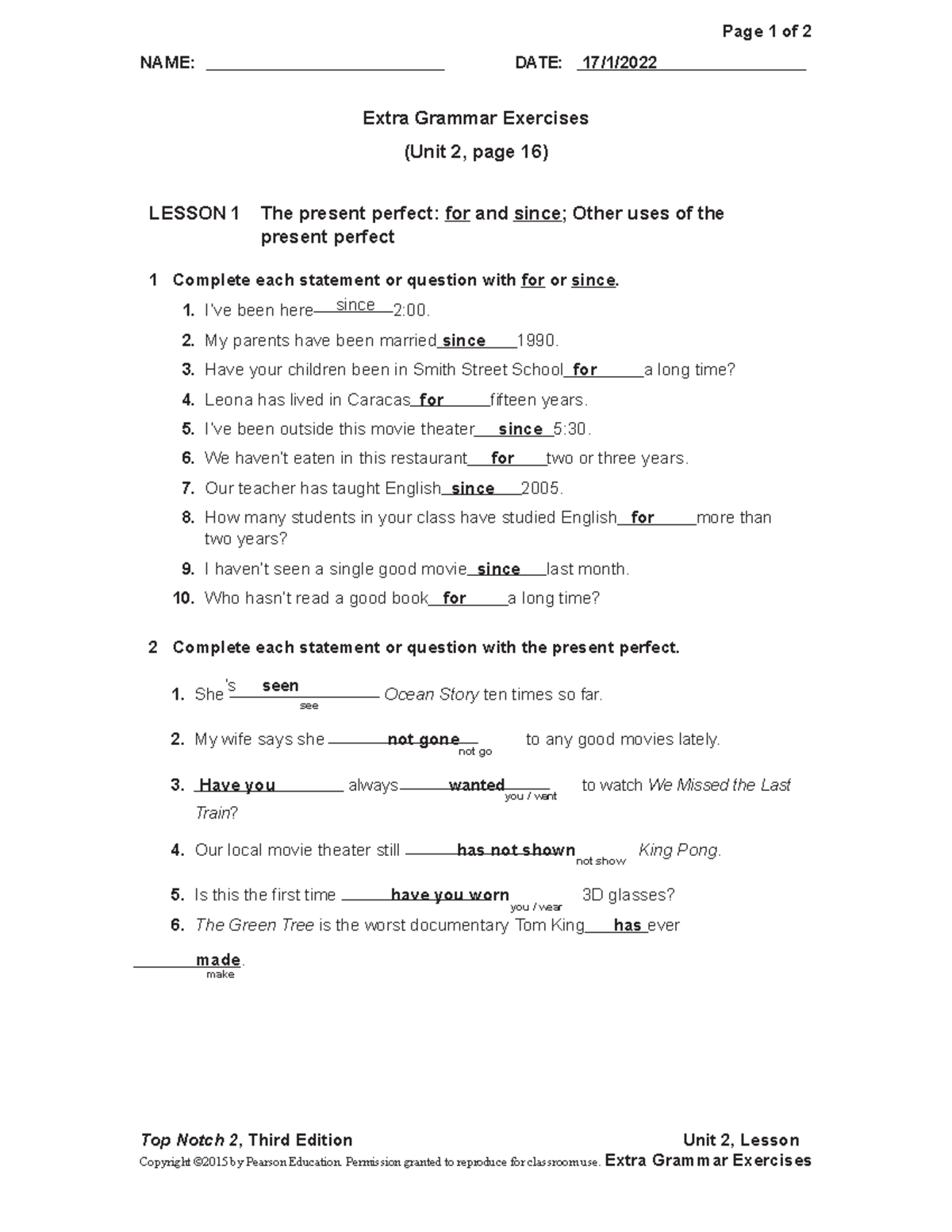 Unit 02 Extra Grammar Exercises: Present Perfect Practice - Studocu