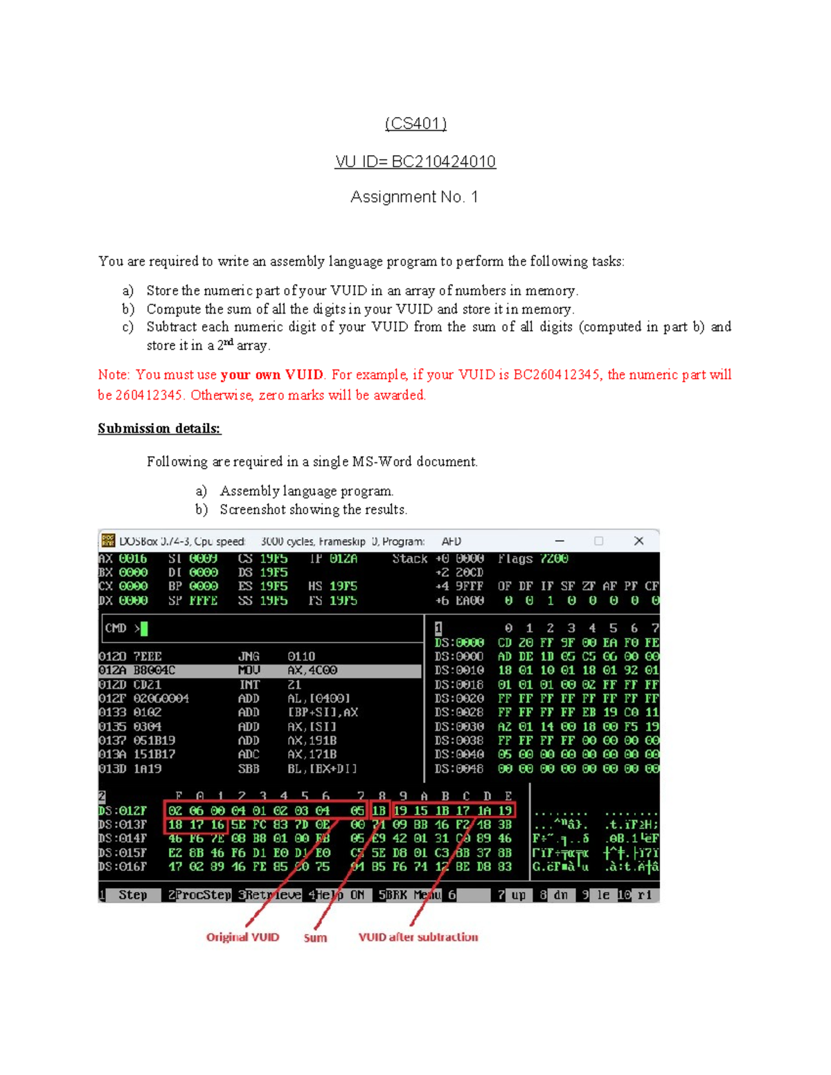 (CS401) VU BC210424010 Assignment 1: Assembly Language Program Tasks ...