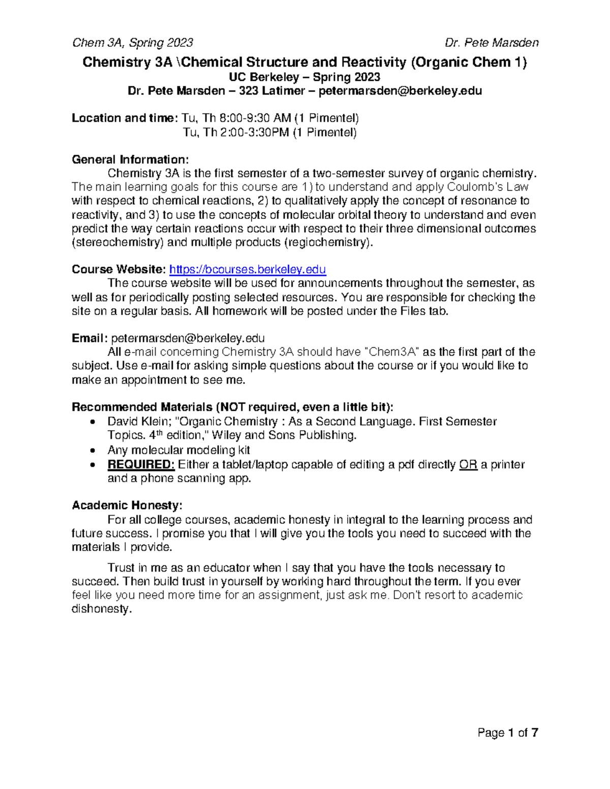 Chem 3A Syllabus - Organic Chemistry I (Spring 2023) - Studocu