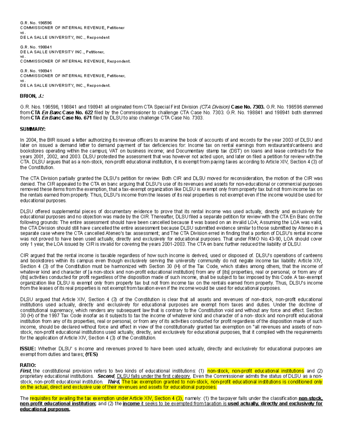 CIR v DLSU - Tax law 2 digest - G. No. 196596 COMMISSIONER OF INTERNAL ...