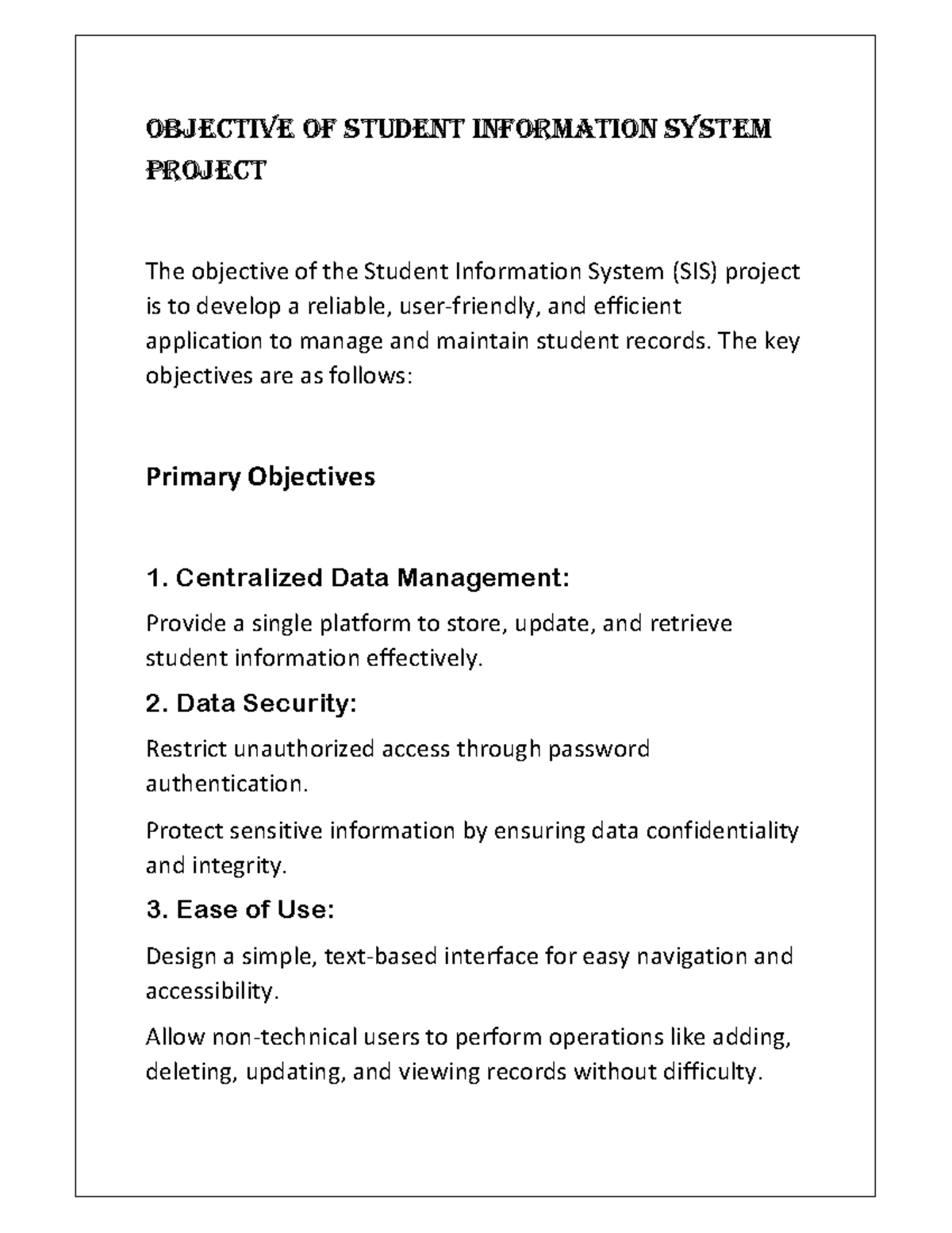 SIS Project Objectives: Enhancing Student Information Management - Studocu