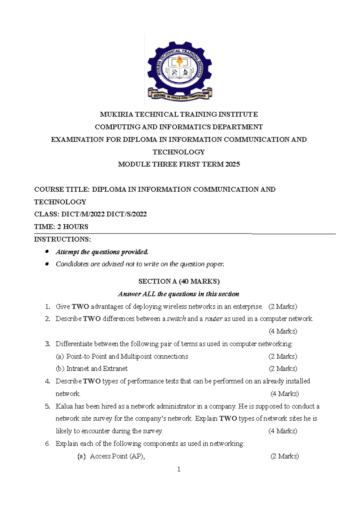 Diploma in ICT Module 3 Exam - Data Communication 2025 - Studocu