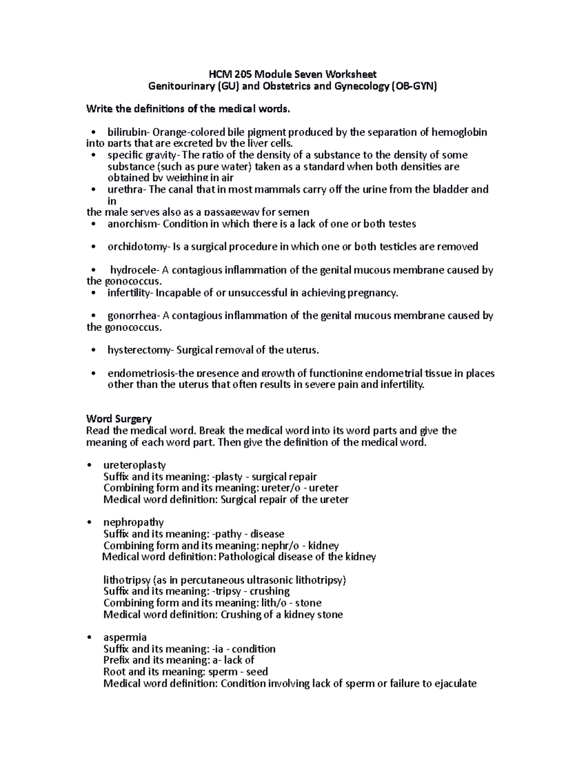 HCM 205 Module Seven Medical Terminology Worksheet - Studocu