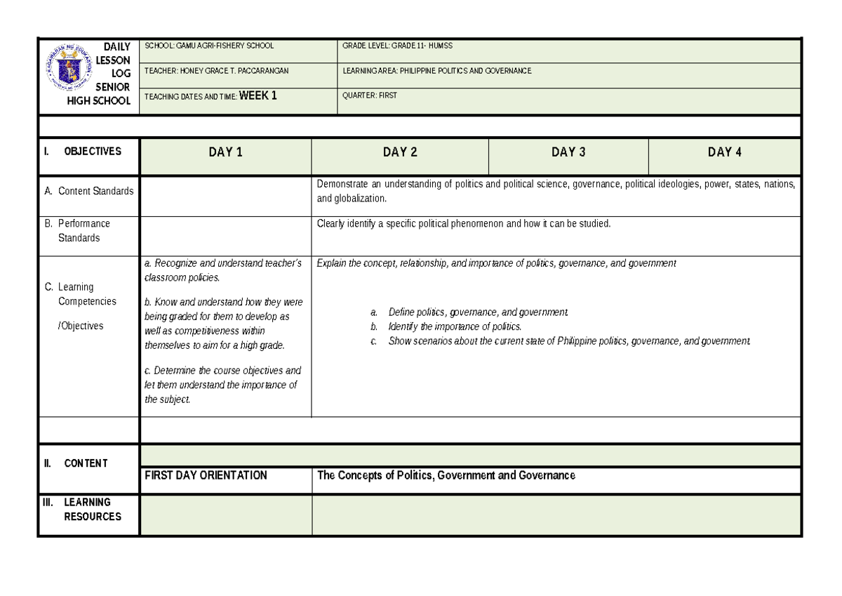 WEEK 1 Lesson Plan on Politics - PPG 11 HUMSS - Studocu