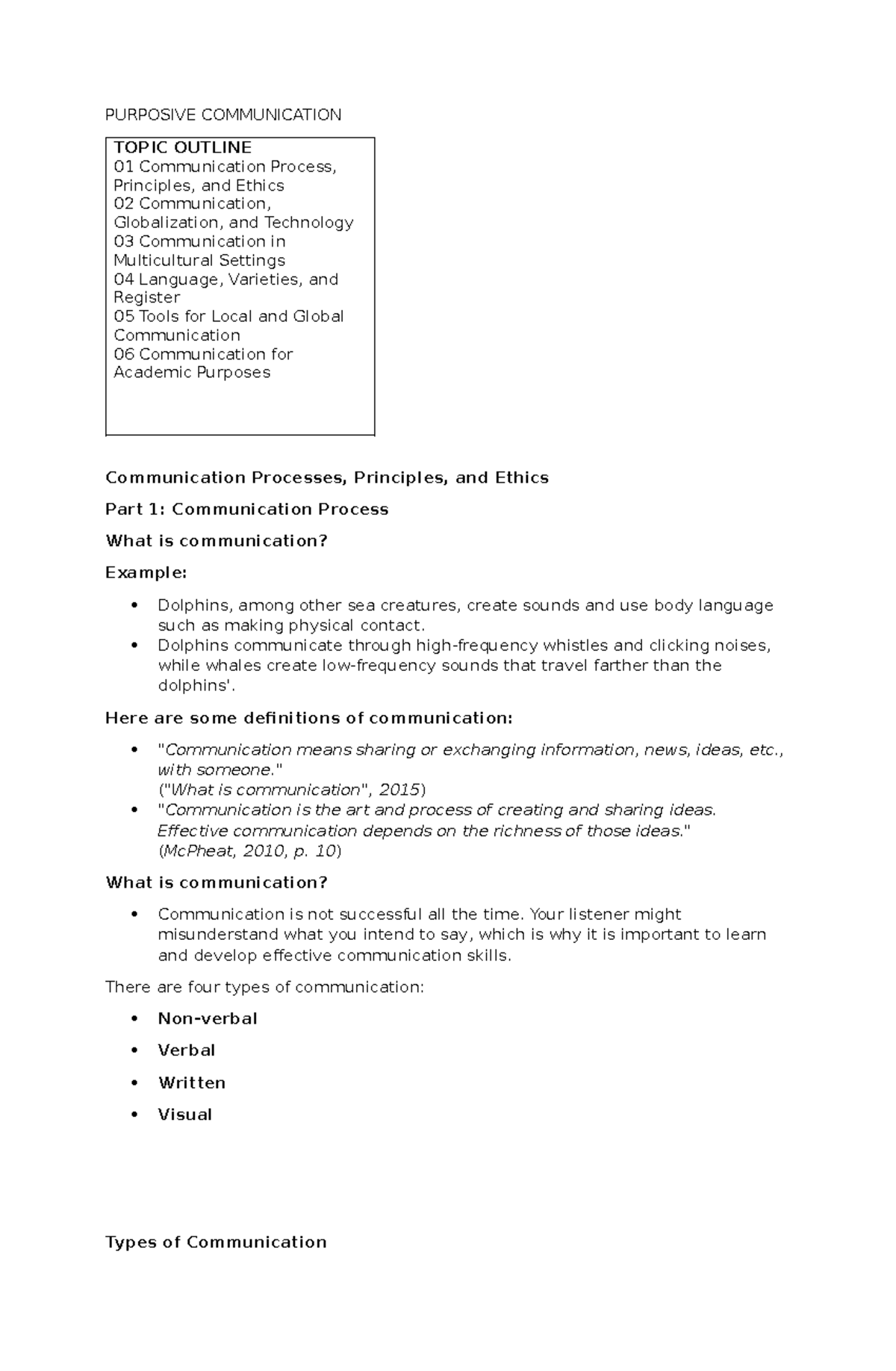 Purposive Communication - PURPOSIVE COMMUNICATION TOPIC OUTLINE 01 ...